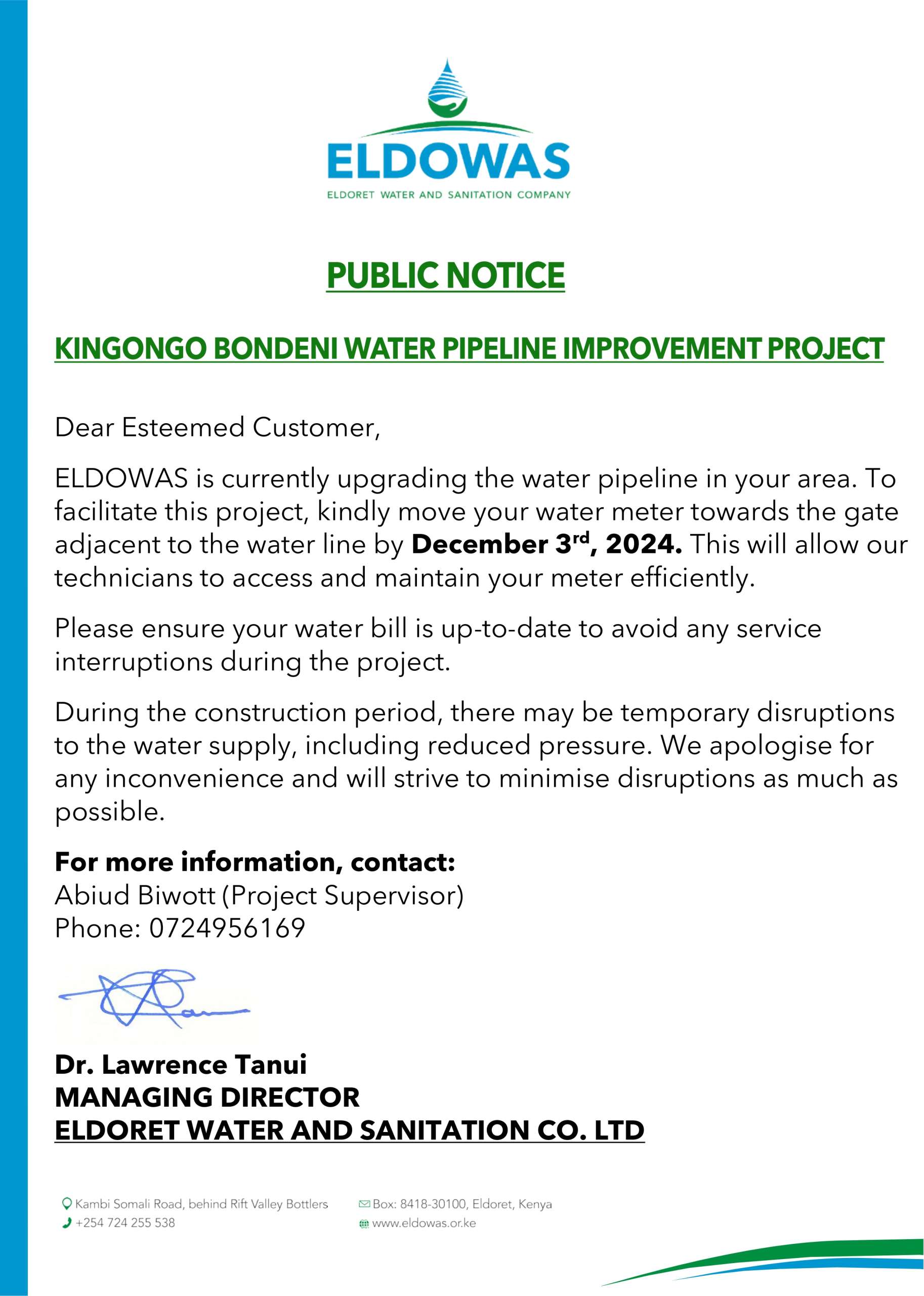 KINGONGO BONDENI WATER PIPELINE IMPROVEMENT PROJECT - ELDOWAS