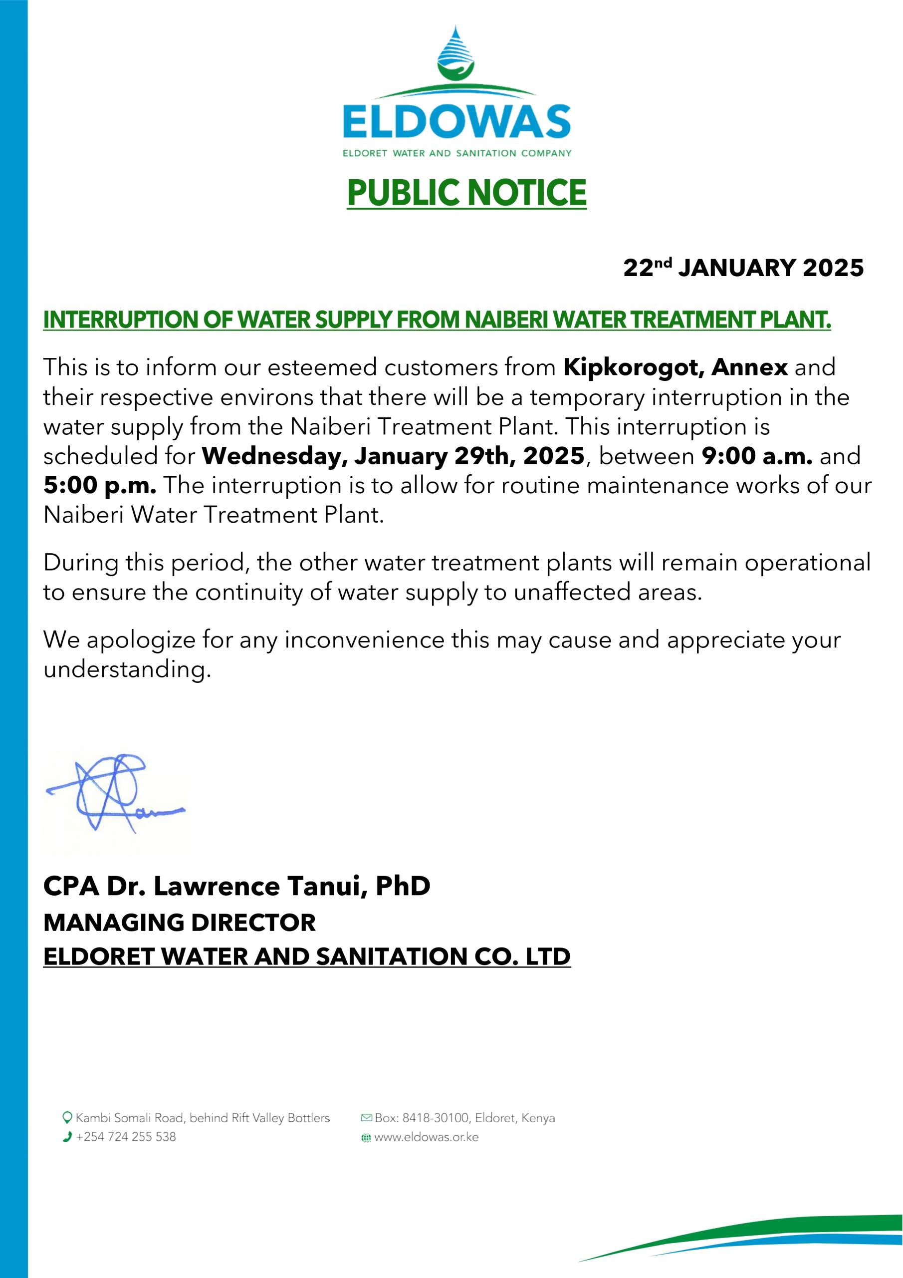 INTERRUPTION OF WATER SUPPLY FROM NAIBERI WATER TREATMENT PLANT. - ELDOWAS